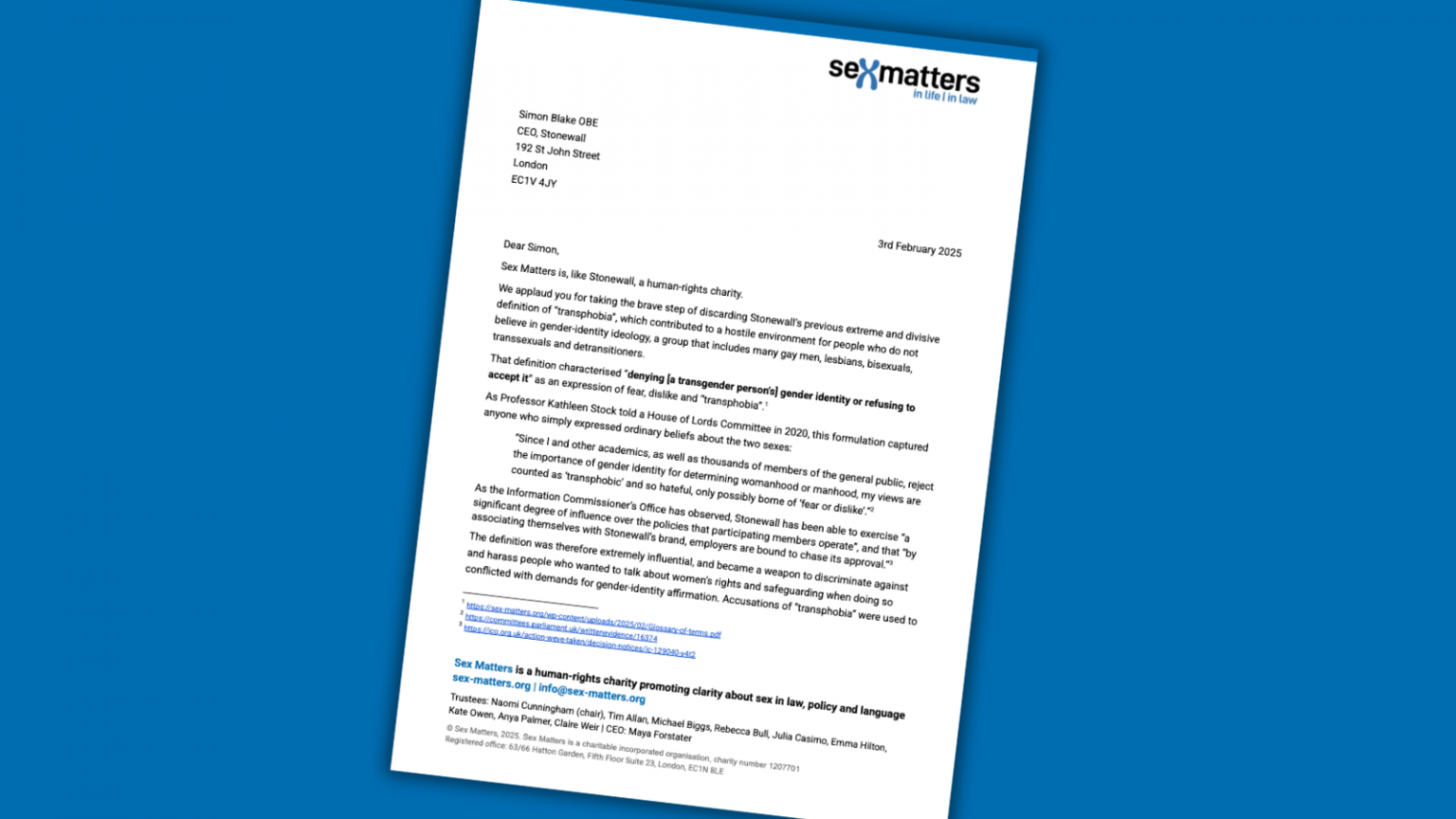 Letter to Stonewall CEO and chair - Sex Matters